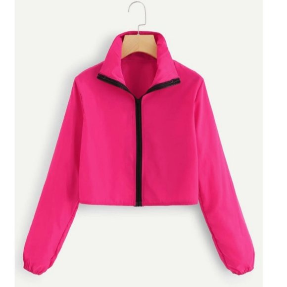 SHEIN | Jackets & Coats | Neon Pink Contrast Zipper Cropped Jacket ...